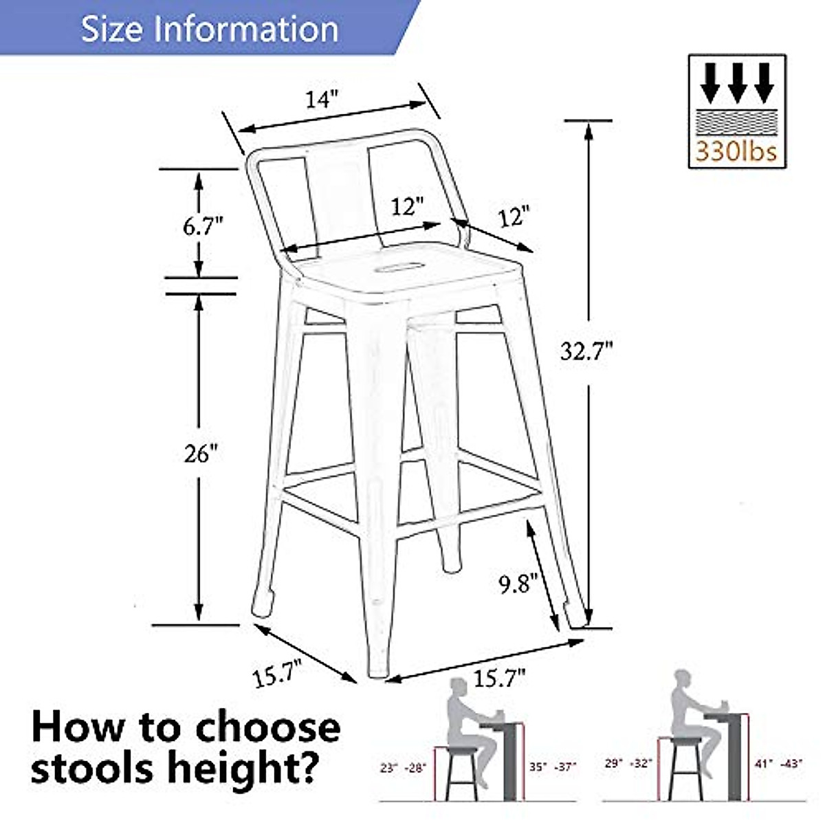 Alunaune 26" Metal Bar Stools Set of 4 Counter Height Barstools Industrial Counter Stool Kitchen Bar Chairs Indoor Outdoor-Low Back, Distressed Navy