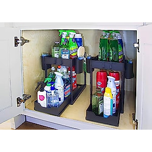 evismo 2-Tier Under Sink Organizer, Bathroom & Kitchen Multipurpose Cabinet Storage, with Pull-out Sliding Drawer, Hooks & Hanging Cups, Adjustable Height, Cabinet Organizer, Black