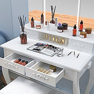 JIFULI Modern Vanity Table Set with Lighted Mirror & Power Outlet, Makeup Table with 4 Drawer, Embedded Lights Dressing Vanity Table with Cushioned Stool for Bedroom, White