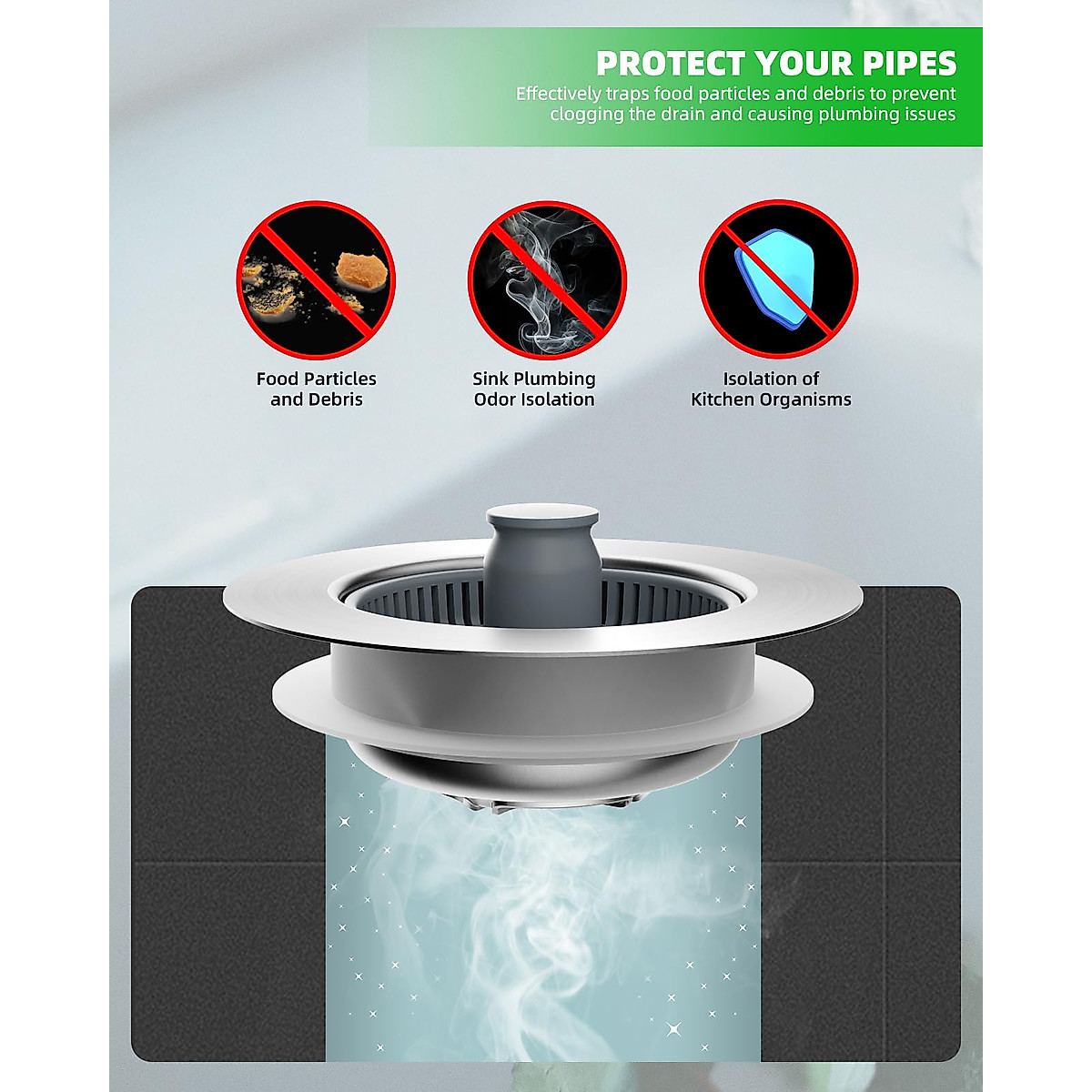 Hibbent Universal 3 in 1 Metal Kitchen Sink Drain Strainer, Upgraded Stainless Steel Drain Stopper Combo, Pop Up Sink Stopper, Anti-Clogging Basket Strainer with Handle for US Standard 3-1/2" Drain