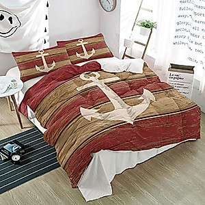 Duvet Cover Sets Nautical Anchor Burgundy Red Vintage Wood Grain,3 Piece Bed Set Ultra Soft Quilt Covers and Pillowcases,Marine Farmhouse Plank Microfiber Bedding Set for Bedroom Guest Room Dorm