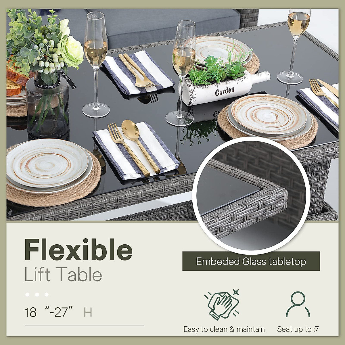 SUNSITT Outdoor Patio Lift Dining Table, Rectangle Patio Coffee Table with Glass Tabletop, Wicker Furniture Multi-Function Dining Table for Backyard, Deck, Garden, Grey