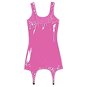 YiZYiF Women's Wetlook Sexy U Neck Sleeveless Bodycon Latex Short Mini Dress with Garter Belt Hot Pink Small