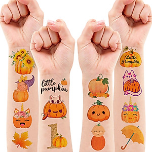 Little Pumpkin Baby Shower Birthday Temporary Tattoos - 80PCS Pumpkin Fall 1st Stickers for Party Decorations, Favors, and Prizes - Pink, Orange, and Maple Leaf Themed - Ideal Gifts for Boys