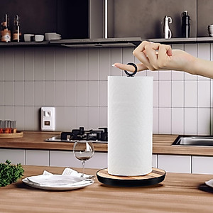 Paper Towel Holder, Paper Towel Holder Countertop with Heavy Weighted Multi-Color Wood Base for Standard or Jumbo-Sized Roll, Easy One-Handed Tear Standing Paper Towel Holders, Black