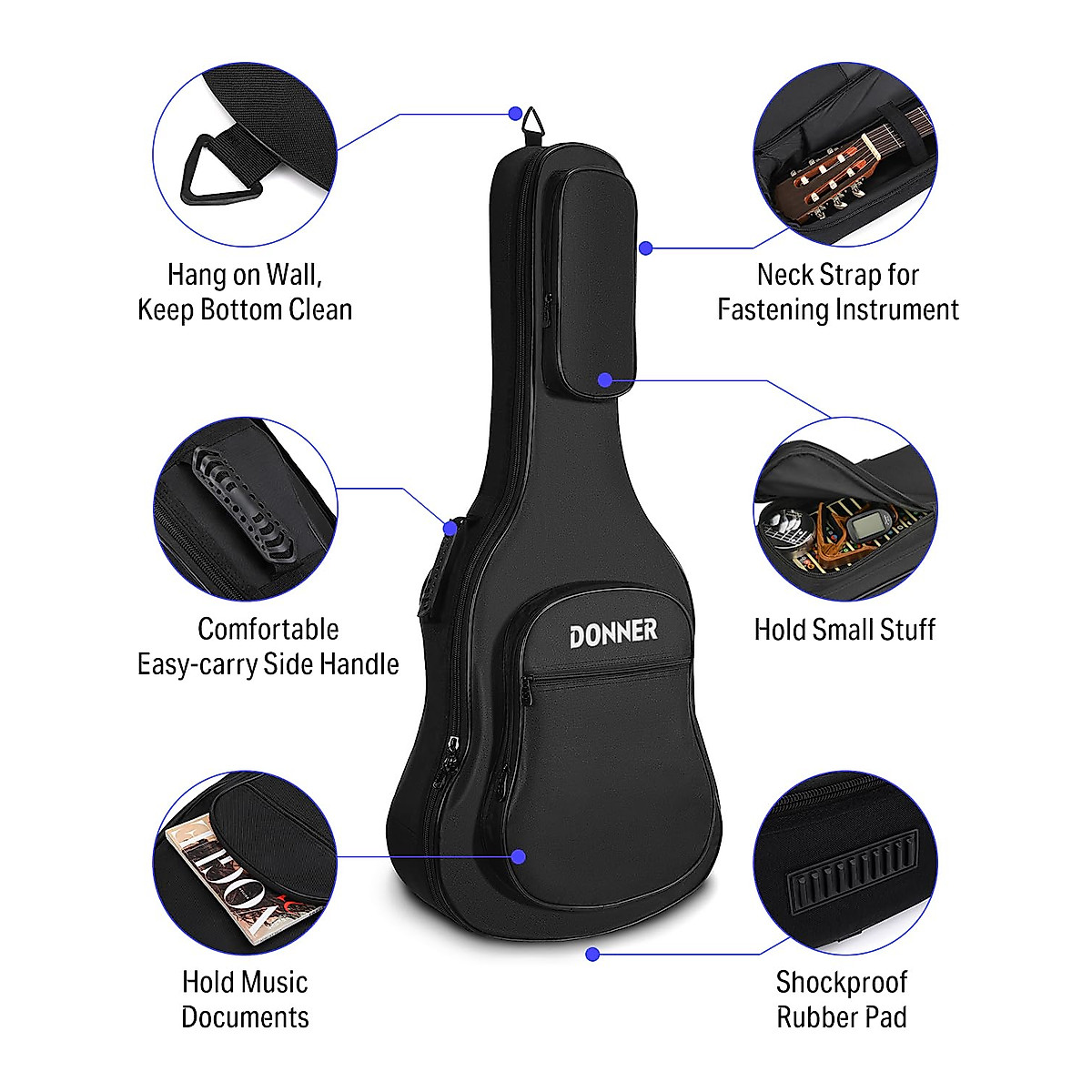 Donner 36 Inch Acoustic Guitar Case, 0.4 Inch Thick Padding Sponge 600D Ripstop Waterproof Nylon Soft Guitar Gig Bag with 3 Pockets and Back Hanger Loop, Black