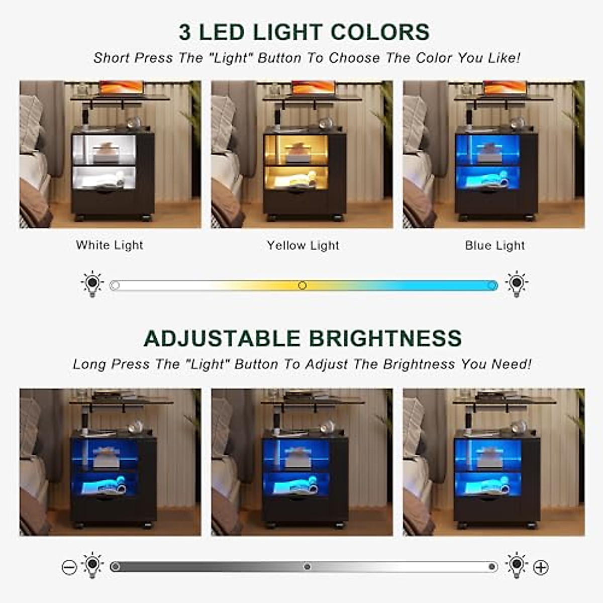 HNEBC LED Nightstand with Wireless Charging Station,Nightstand Has Adjustable Rotary Table,Bedside Tables with One Drawer and 2 Mezzanines/Infrared Induction 3 Color Lighting (On The Right)