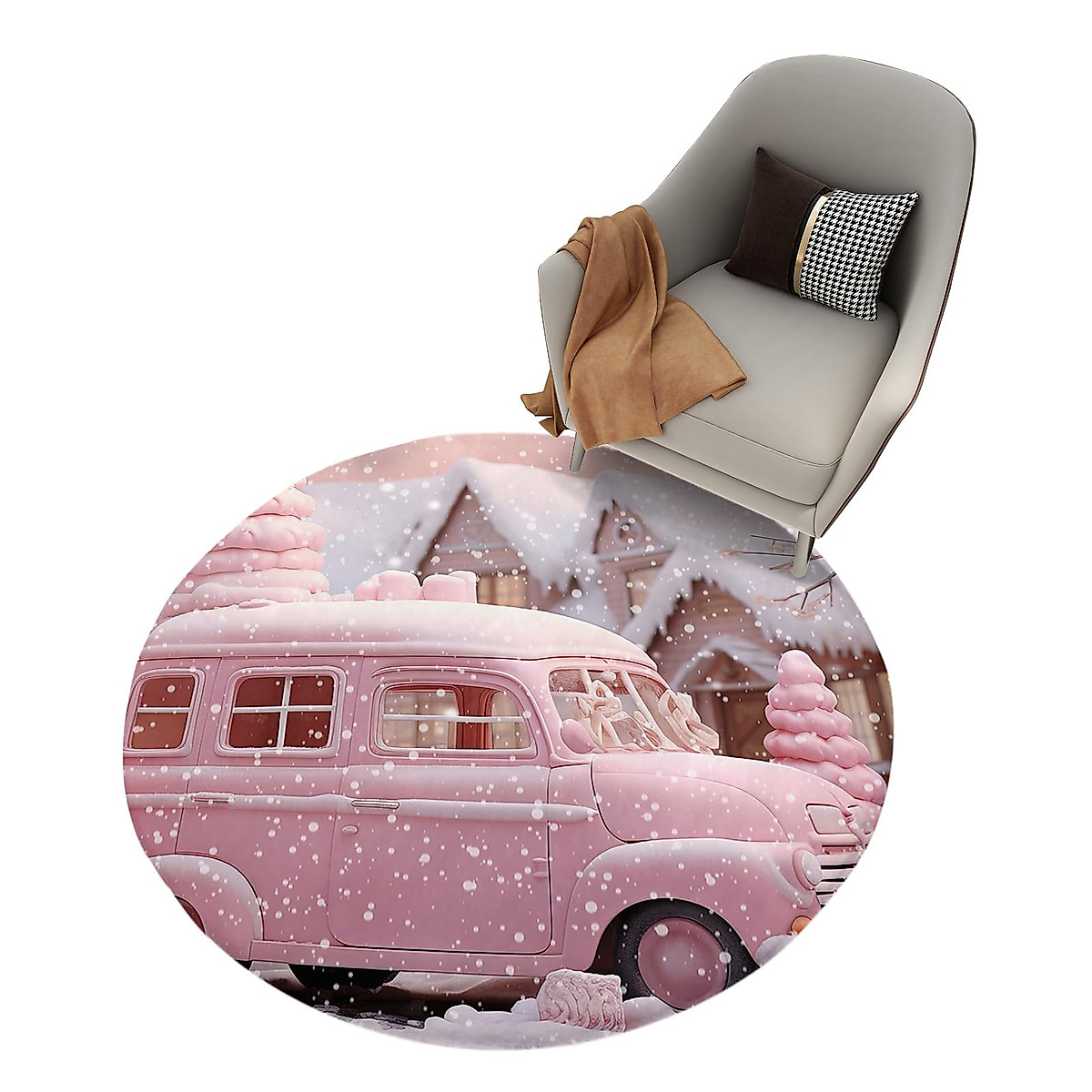 Christmas Fluffy Round Area Rug Carpets 3ft, Plush Shaggy Carpet Soft Circular Rugs, Non-Slip Fuzzy Accent Floor Mat for Living Room Bedroom Nursery Home Decor Blush Pink Farmhouse Winter Truck