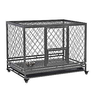 PawHut Heavy Duty Dog Crate Metal Kennel and Cage Dog Playpen with Lockable Wheels, Slide-Out Tray, Food Bowl and Double Doors, 49"