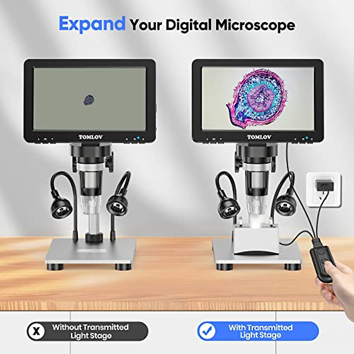 TOMLOV Universal Microscope Bottom Light,Transmitted LED Light Stage Holder, 5pcs Digital Microscope Slides Included, Adjustable Bottom LED Lamp Illumination for USB LCD Microscope