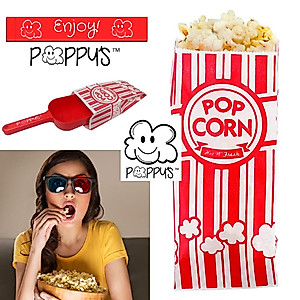 Poppy's Plastic Popcorn Scoop Bundle - 50 Bags and Plastic Popcorn Scooper, Popcorn Machine Accessories for Popcorn Bars, Movie Nights, Concessions