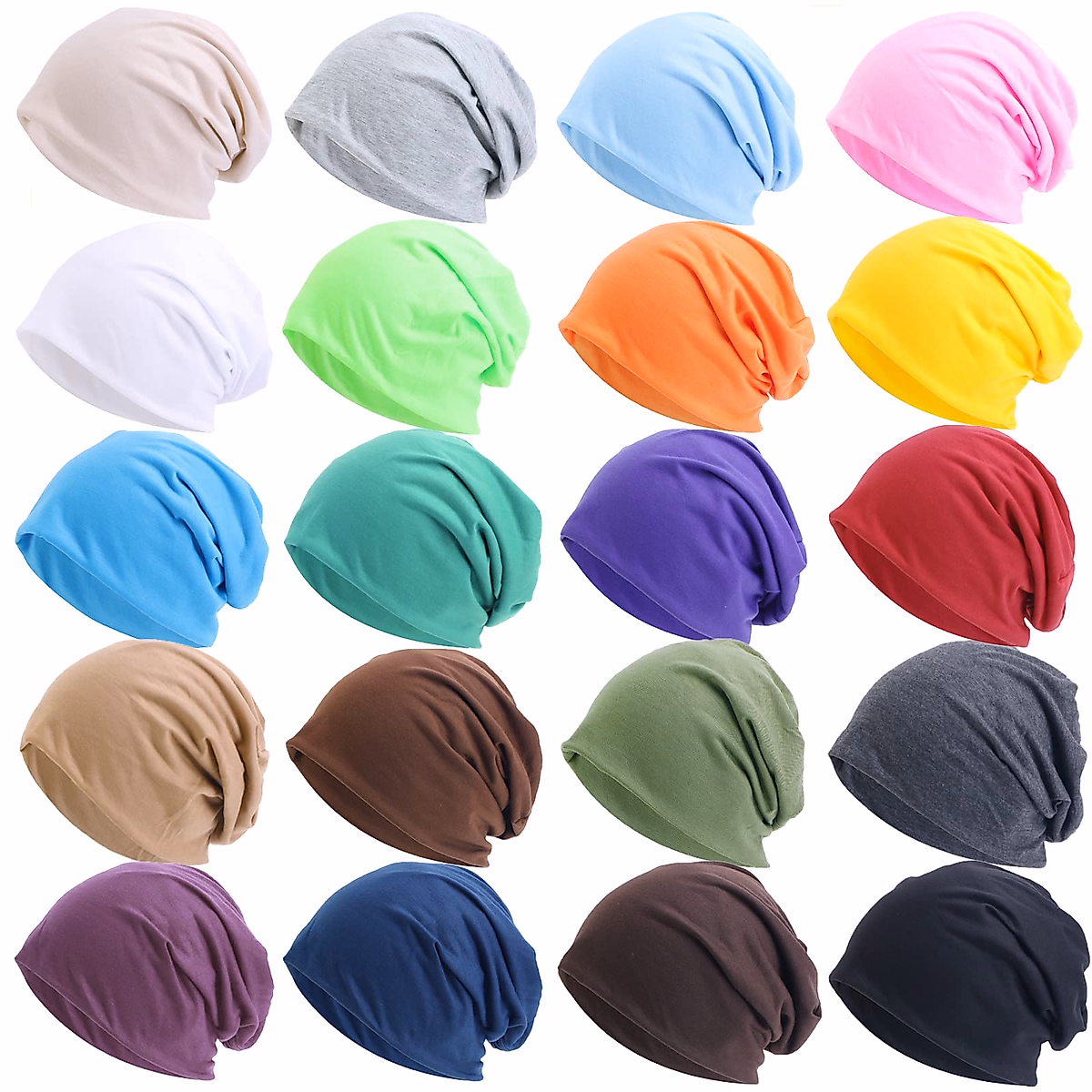 Tergy 20pcs Unisex Beanie Hats for Men Women Slouchy Beanie Hip-Hop Caps Lighweight Soft Skull Caps for Chemo Sleep Solid Color