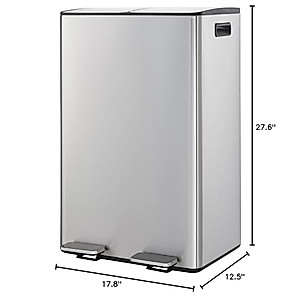 Casa Andrea Milano 15-Gallon Hands-Free Dual Compartment Recycling Kitchen Step Trash Can with Soft-Close Lid, Plastic Inner Buckets