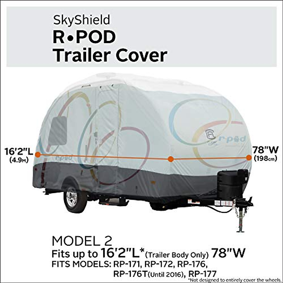 Classic Accessories RV SkyShield™ R-Pod Cover, 16'2"L x 78"W, Model 2, Durable, Tear-Resistant, Teardrop, Travel Trailer Storage Cover, Compatible with R-Pod Trailers, Black/Grey/Snow White
