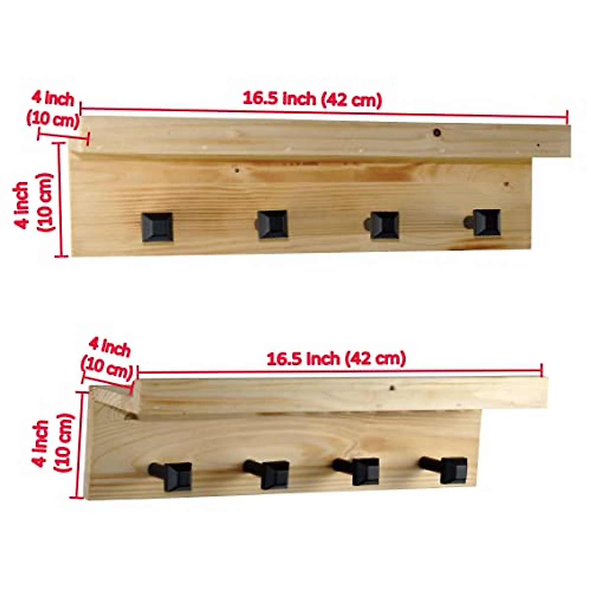 Spiretro Coat Rack with Shelf, Wall Floating Shelves with Peg Hooks, Organize, Storage, Decorative for Entryway, Mudroom, Kitchen, Bathroom, Set of 2, Rustic Pine Wood Natural Beige