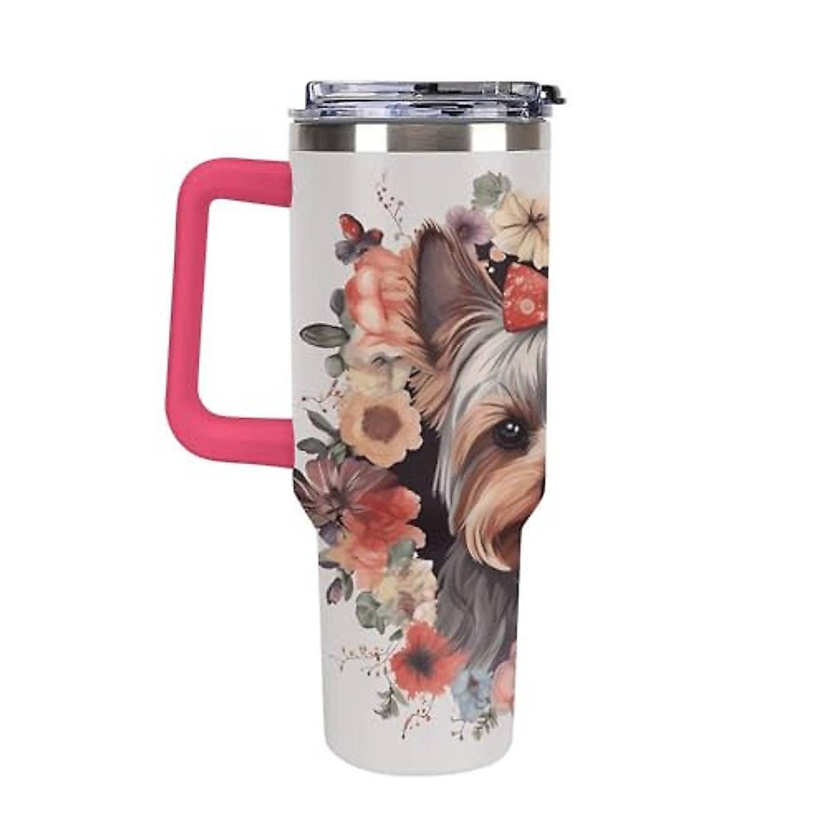 WYUSPGK 40oz Stainless Steel Car Mug, Yorkie Floral Print Travel Mug, Double-Wall Insulated with Straw, Perfect for Car, Office, Outdoor