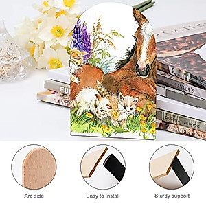 Pack of 2 Bookend White Horse Cat Non-Slip Book Stand Wooden Bookshelf Books Holder for Home Desk Office Library