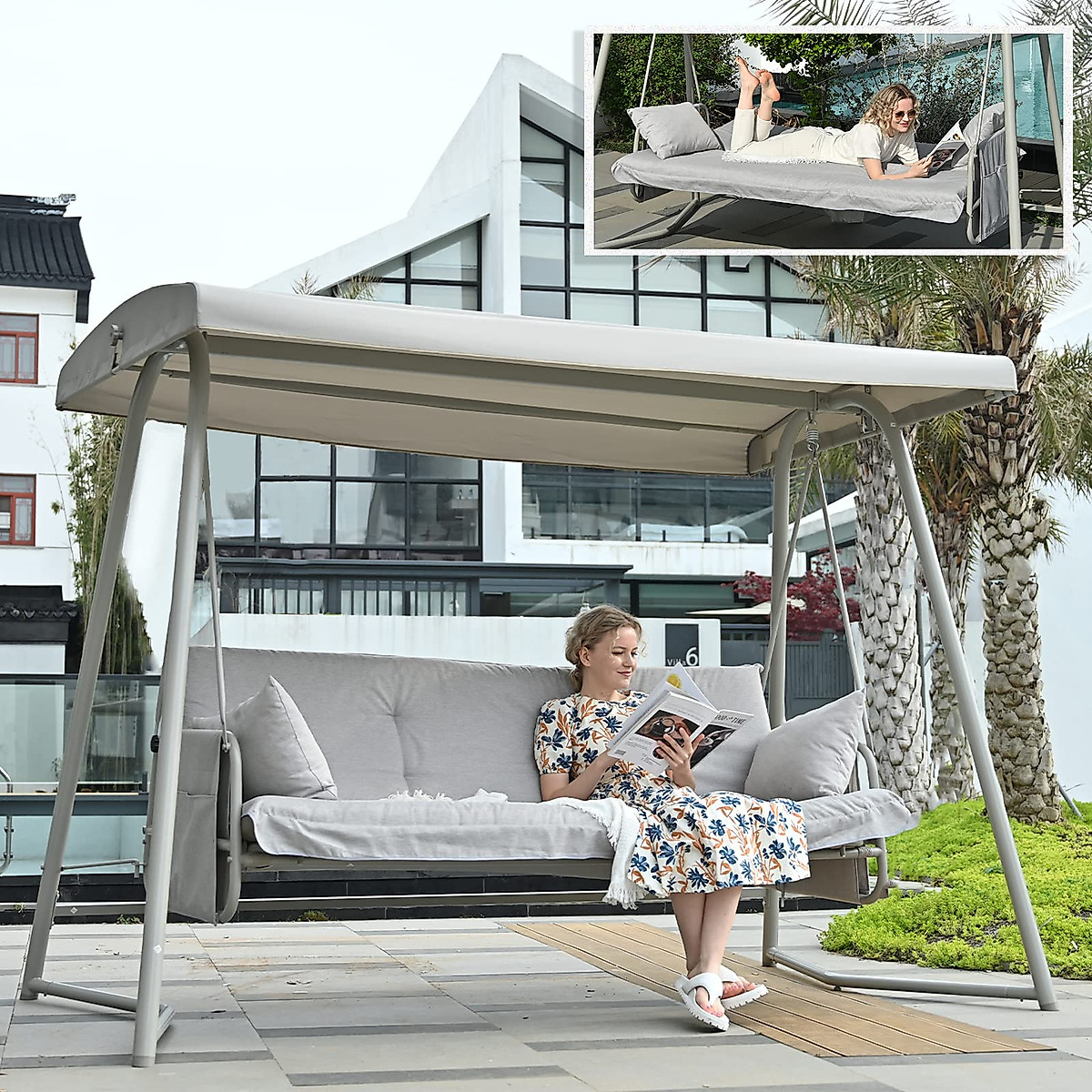 JOYBASE 3 Person Outdoor Porch Swing with Canopy, Patio Porch Swing with Stand, Swing Daybed Bed Bench with Cushion and Pillow, Swing for Deck, Outside, Garden, Backyard, Balcony