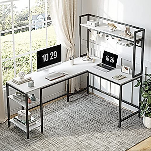 CubiCubi L Shaped Desk with Hutch, 66" Corner Computer Desk with Drawer,Home Office Gaming Table Workstation with Storage Bookshelf, White