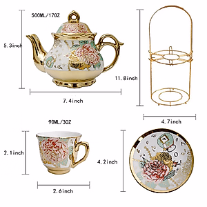 CHANJOON Gold Plated Red Rose Ceramic Tea Set, Vintage Tea Set with Teapot, Beautiful Tea Set Coffee Serving 6 People (Golden, Medium)