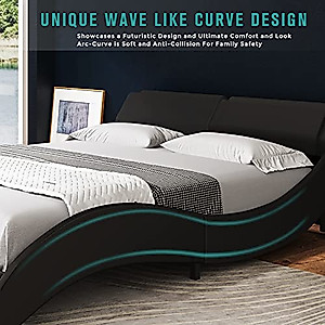 DICTAC Queen Led Bed Frame Modern Faux Leather Upholstered Platform Bed Frame with RGB LED Lights and Headboard Queen Size Wave Like Curve Low Profile Bed Frame,Wood Slats Support,Easy Assembly,Black