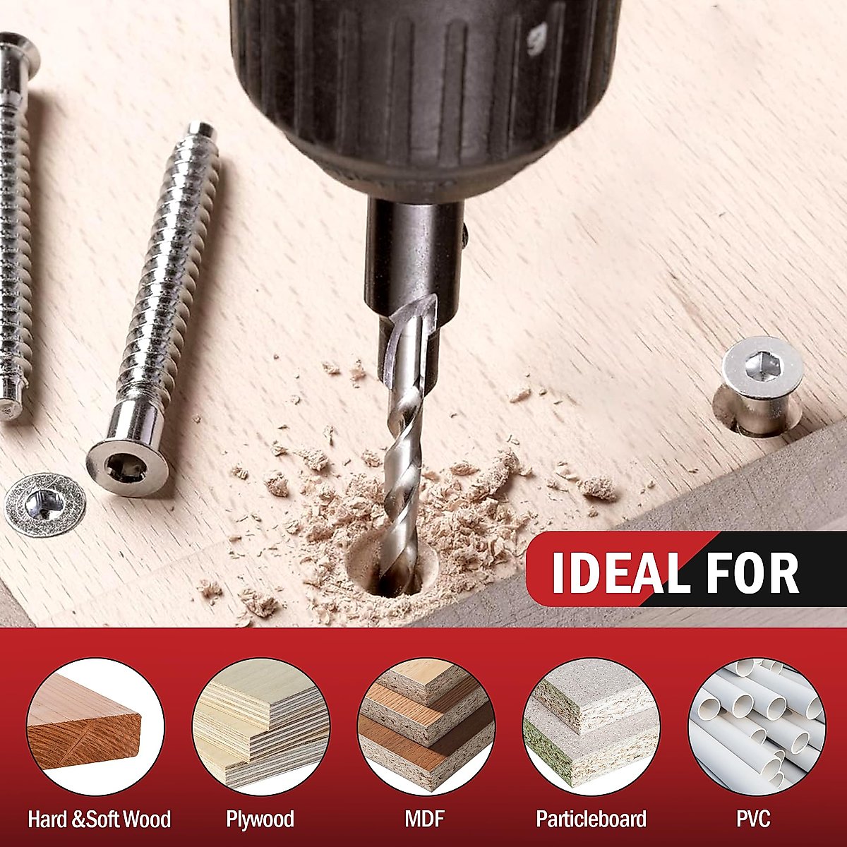 AIMLENTOOL Countersink Drill Bit Set, 5PCS Tapered Drill Bits, M2 Countersink Set with 1/4" Hex Shank Quick Change and 1 Allen Wrench for Woodworking, Pilot Screw Hole Set for Soft & Hard Wood