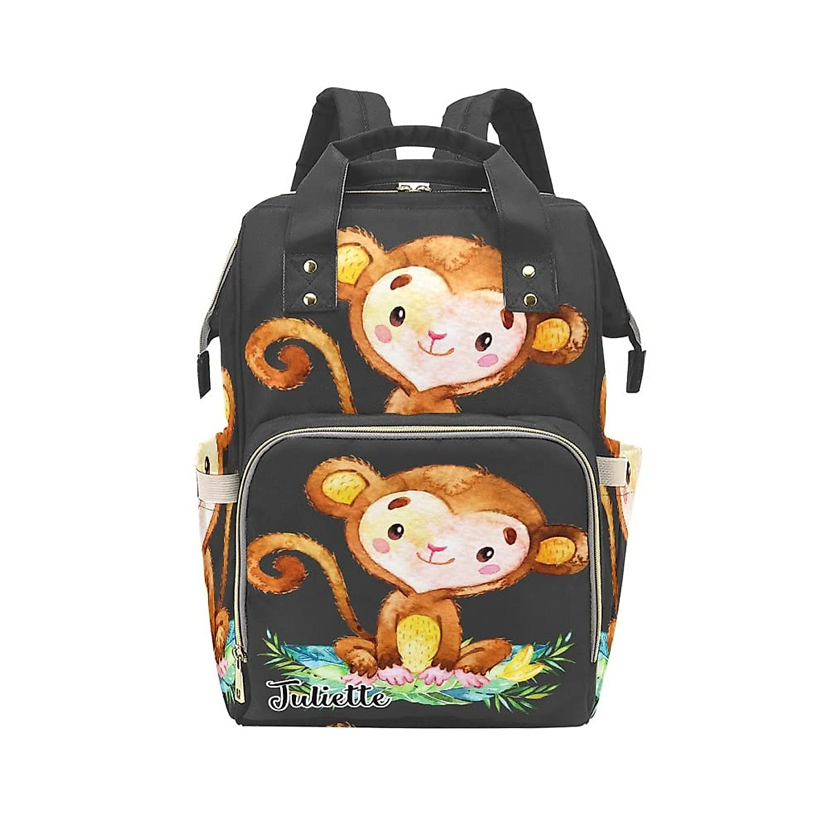 Cute Monkey Black Personalized Diaper Backpack with Name,Custom Travel DayPack for Nappy Mommy Nursing Baby Bag One Size