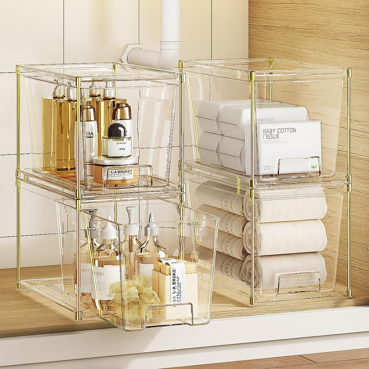 4Pack Large Stackable Kitchen Storage Drawers Multi-purpose under Sink Acrylic Drawers Organizers Clear Drawer Organizers Bins with Handles for Bathroom Kitchen Pantry