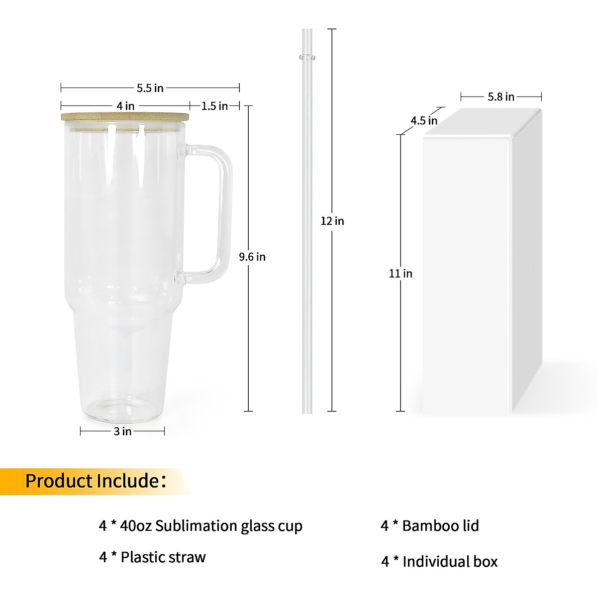 AGH 40oz Sublimation Glass Tumbler with Handle, 4pcs Clear Sublimation Glass Cups Blanks with Bamboo Lid & Plastic Straw, Reusable Iced Coffee Cup Fits in Car Cup Holder