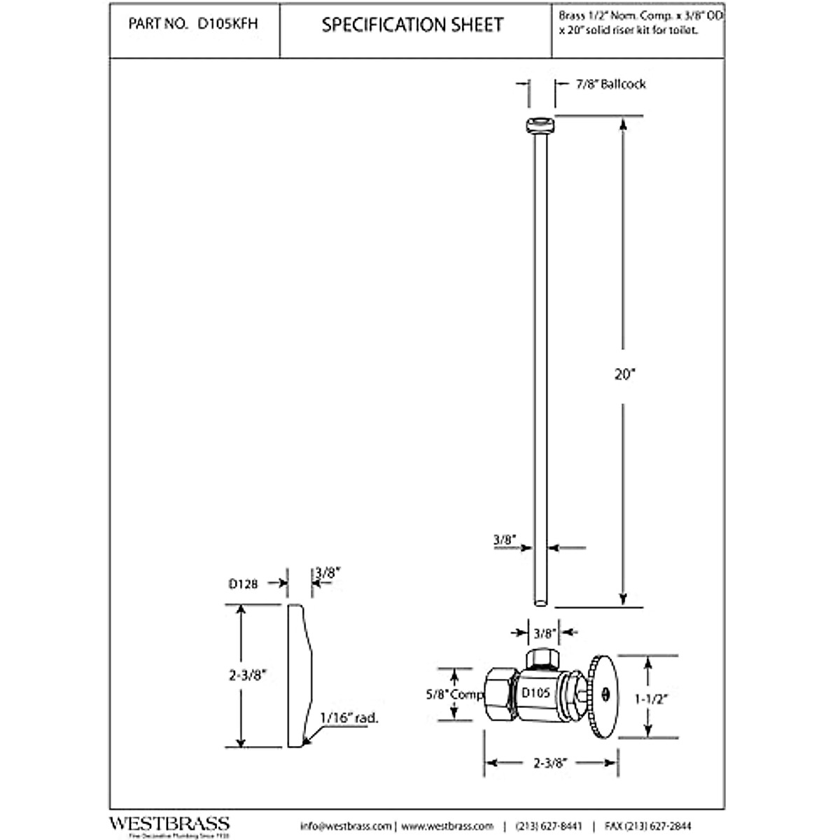 Westbrass D105KFH-62 5/8" x 3/8" OD x 20" Flat Head Riser Supply Line Kit with Round Handle Angle Supply Shut Off Valve for Toilet, Matte Black