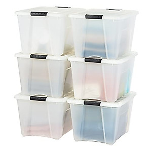IRIS USA 54 Qt Stackable Plastic Storage Bins with Lids, 6 Pack - BPA-Free, Made in USA - Discreet Organizing Solution, Latches, Durable Nestable Containers, Secure Pull Handle - Pearl