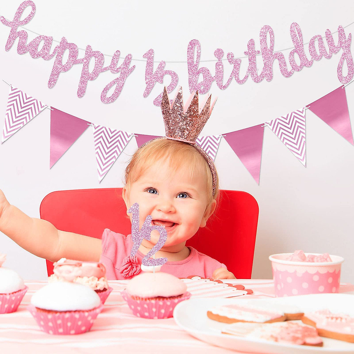 6 Months Banner Happy Birthday Banner Happy 1/2 Birthday Banner Glitter 1/2 Half Year Cake Topper Triangle Flag Banner for Half Year Baby Shower Birthday Party Decoration, Pre-strung (Pink)