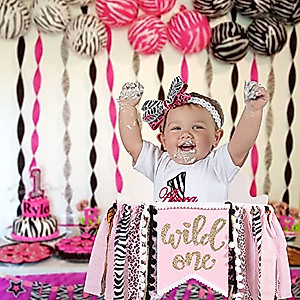 Girls Wild One High Chair Banner - Pink Jungle Birthday Banner - Girls Animal Print 1st Birthday Banner - Shes A Wild One Birthday Decorations Girl - Best Wild One Birthday Party Supplies