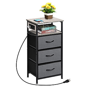 NANANARDOSO End Table with 3 Drawers and 2-Tier Shelf, Fabric Small Dresser Organizer Vertical Storage with Charging Station, Industrial Nightstand Side Table for Bedroom, Sofa, Grey