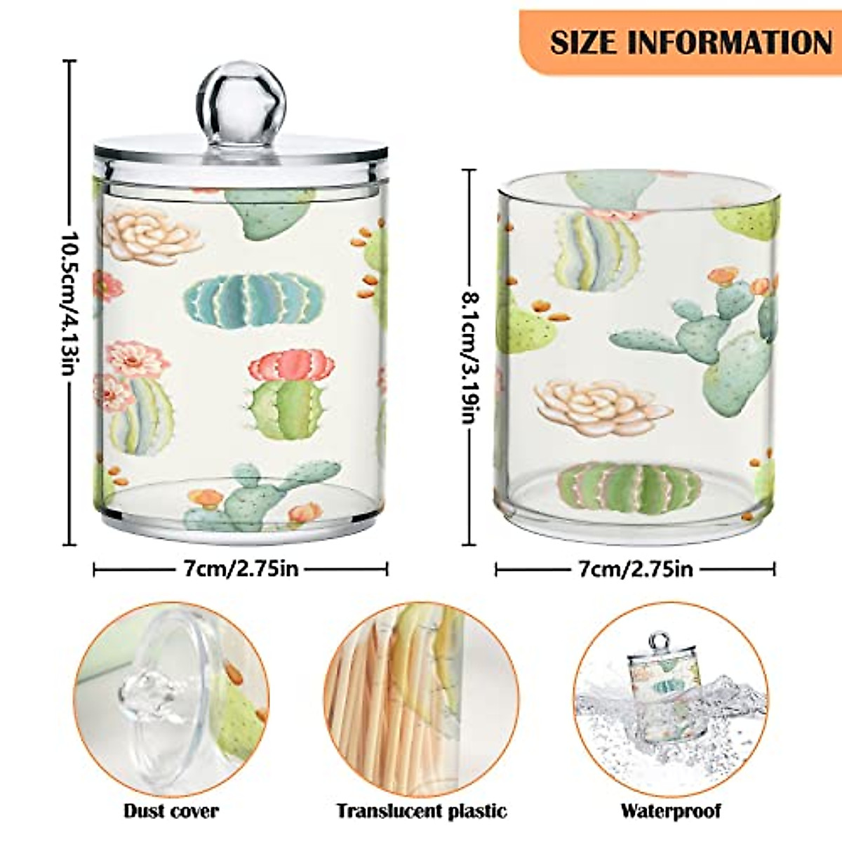 Blueangle 2PCS Cactus Flower Qtip Holder Dispenser with Lids - Apothecary Jar Containers for Vanity Organizer Storage - Plastic Food Storage Canisters（533）