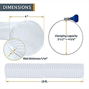 POWERTEC 70242 4" x 10' PVC Dust Collection Hose with 2 Stainless Steel Hose Clamps for Woodworking and Shop Vacuum, 4 Inch Dust Collector Hose for Dust Collection Fittings