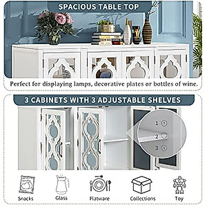 KLMM Stylish Mirrored Console Table Sideboard for Living Room Dining Room with 4 Cabinets and 3 Adjustable Shelves, Easy Assembly (White#O^)