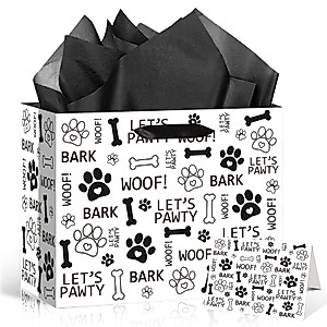 Large Puppy Dog Paw Print Gift Bags with Card Tissue Paper Let's Pawty Party Decorations Black White Dog Wrapping Paper Bag Paw Print Favors Treat Goodie Bags for Boys Girls Kids Christmas Pet Birthday Party Decor