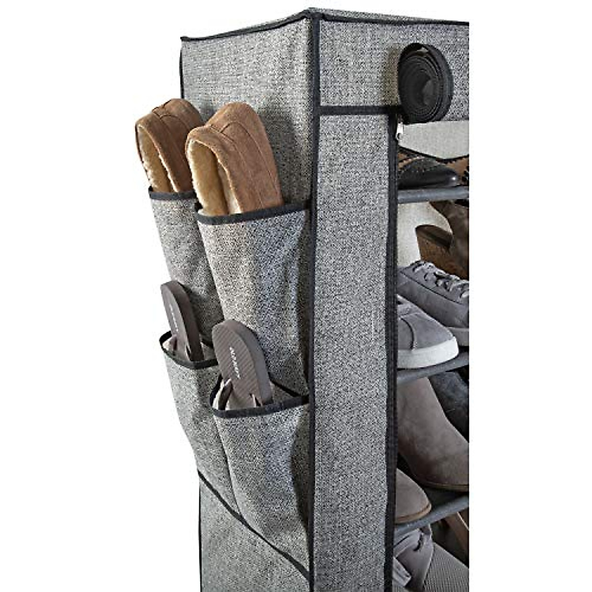 Simplify 7 Tier Double Wide 14 Shelf Shoe Storage Closet Organizer Rack with Cover and Side Pockets, Freestanding, Holds 42 Pairs, Good for Sneakers, Flats, Heels & Boots, Black