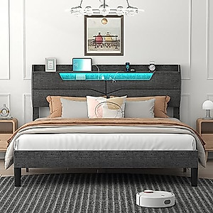 Gyfimoie Upholstered Queen Bed Frame with Adjustable Storage Headboard, Bed Frame Queen Size with Charging Station & LED RGB Light, Platform Bed Frame Wood Slates Support, No Spring Box Needed