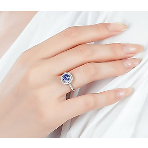 Intershine 925 Sterling Silver 14K White Gold Finish Prong Set 0.75 cts Round Cut Created blue Sapphire Gemstone Halo Ring for Women size-7.5