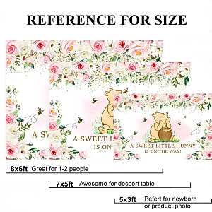 Classic Little Bear Baby Shower Backdrop Girls Pink Florals Cartoon Bees Birthday Photo Background Decorations Newborn Baby Shower Party Cake Table Supplies 5x3ft