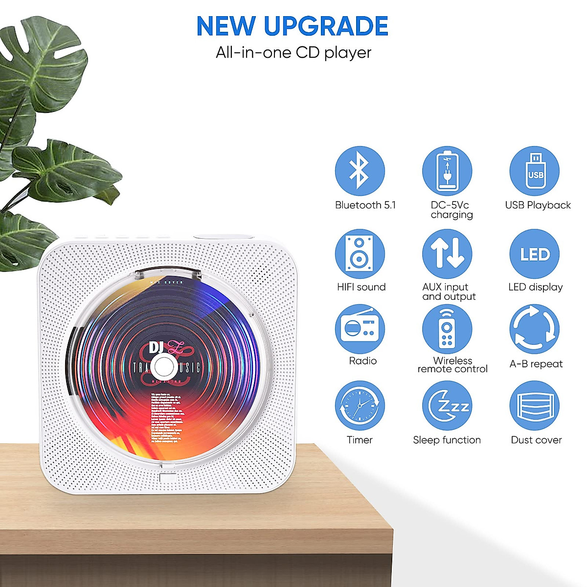 AONCO Portable Desktop CD Player with Speakers, Home Bluetooth CD Player, Remote Control, LED Displays, Support CD/Bluetooth 5.1/FM/U Disk/AUX/Sleep Timer/Repeat