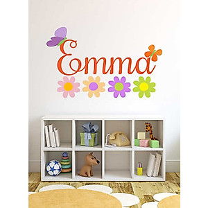 Custom Name Flowers Wall Decal - Personalized Name Butterfly Decor - Daisy Wall Decal Peel and Stick - Pastel Flowers - Girls Flowers Wall Stickers - Wall Decal for Home Nursery Bedroom Decoration