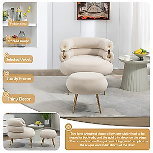 Antetek Modern Velvet Accent Chair with Ottoman, Upholstered Sofa Chair with Stylish Golden Decor, Comfy Arm Chair Leisure Lounge Chair for Living Room, Bedroom, Office, Beige