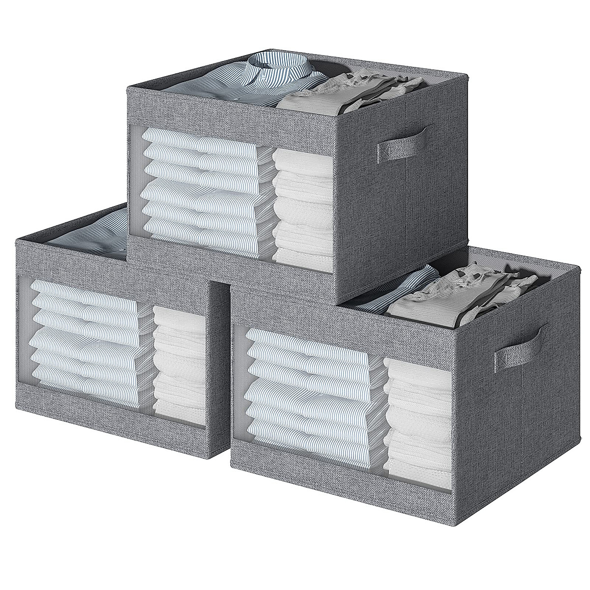 3 Pack Closet Storage Bins with Clear Window - Foldable Storage Cubes with Handles Clothing Baskets for Shelves Large Fabric Closet Organizers and Storage Bins for Clothes, Toys, Book (Gray 3pcs)