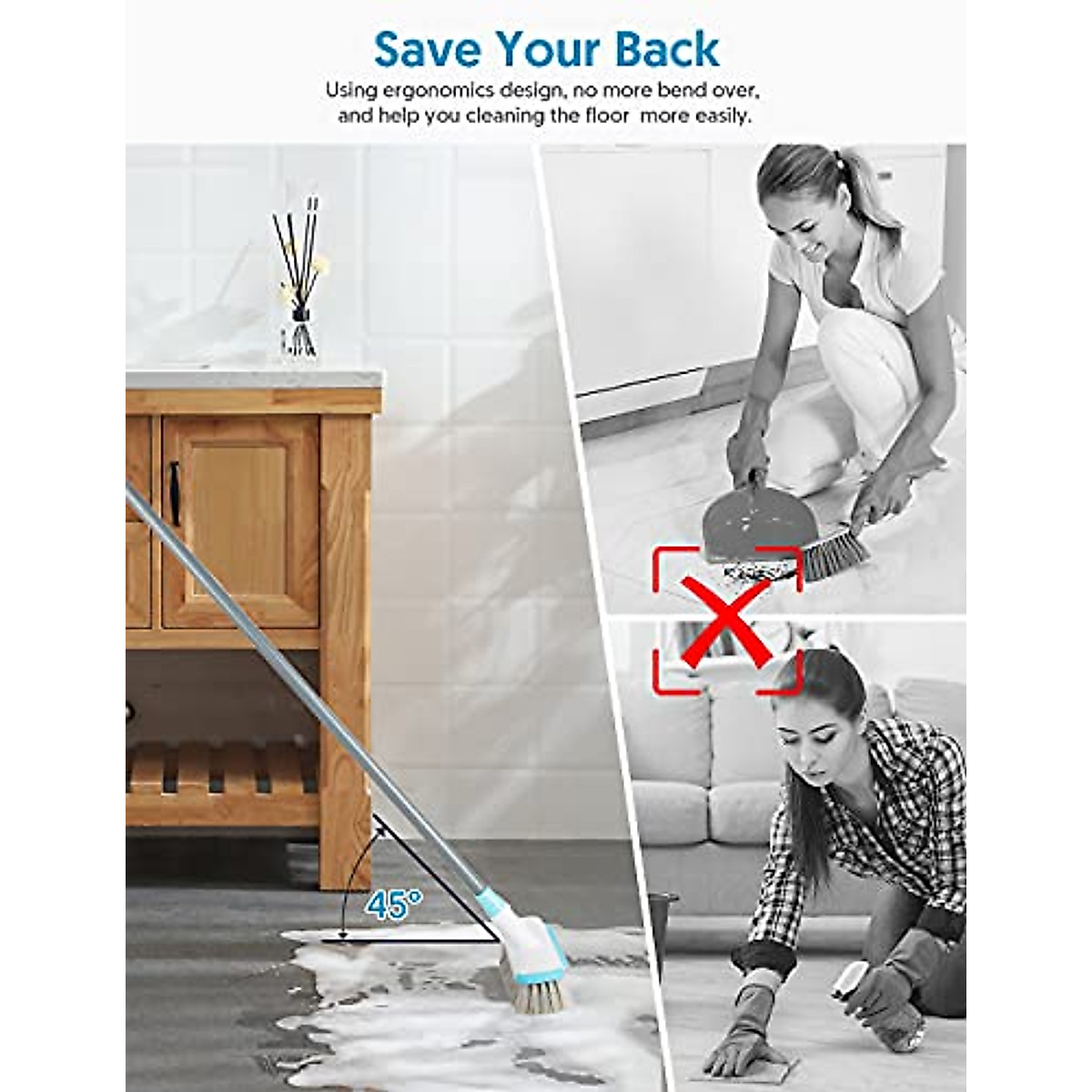 SEVENMAX Floor Scrub Brush with Long Handle, Deck Grout Brush 2 in 1 Scrubber Brush Stiff Bristles Adjustable Carpet Cleaning Brush for Kitchen, Tub, Bathroom, Tile