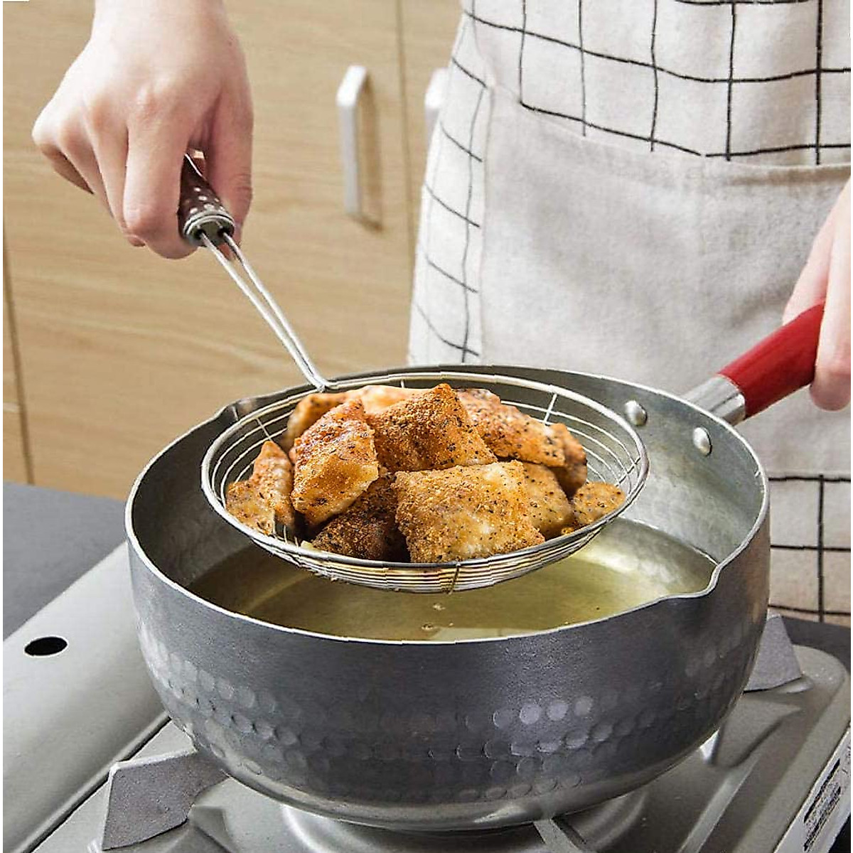 Stainless Steel Spider Strainer Wire Skimmer Drainer For Cooking Ladle, Deep Fryer Frying, Pasta Noodle, Cooking Wok, Falafel, Grease Catcher, Kitchen Long Spoon, Fat Separator, Pot Scoop Tool