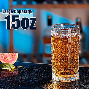 Claplante Vintage Drinking Glasses, 12 pcs Romantic Highball Glasses, 15oz Glass Cups,Tall Water Glass Tumblers, Mojito Cups, Cocktail Glass, Vintage Glassware Set for Juice, Cocktail, Whiskey