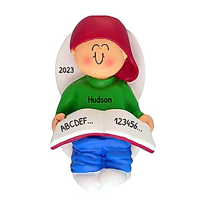 Personalized Toddler Christmas Ornament 2024 - Happy Baby Boy in Red Cap Book Potty Training Toilet for Boys Home Decor and Hanging Decorations for Grandchild Kids Brother - Free Customization
